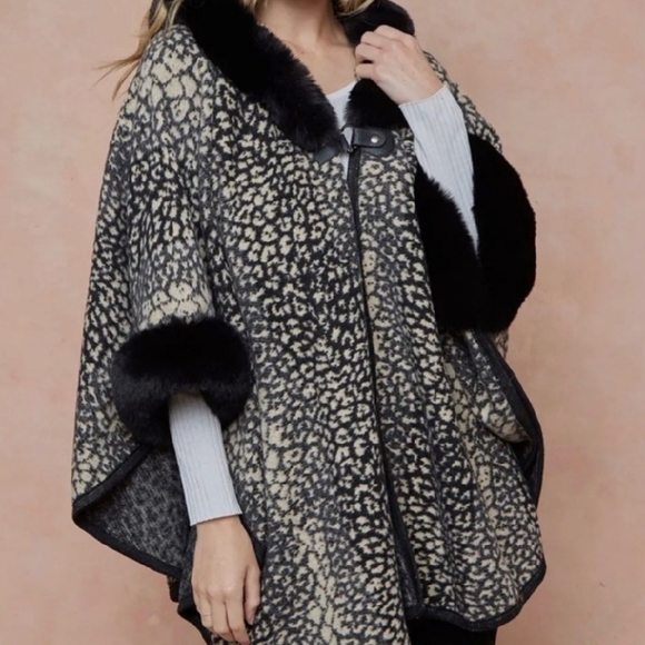 Sweaters | Leopard Print Cape With Black Fur Trim | Poshmark